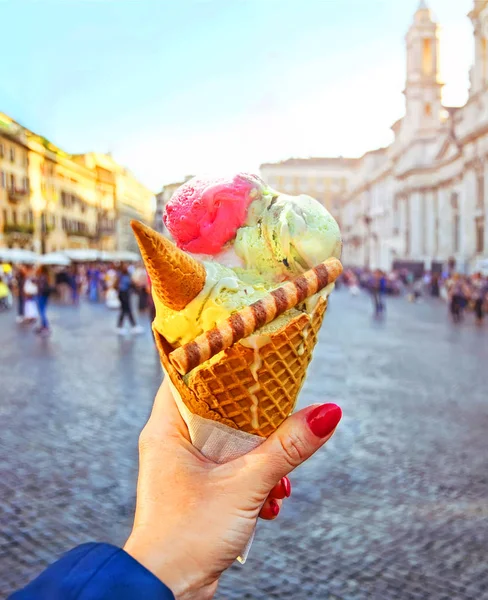 Italian Ice Cream Cone Held Hand Background Shop Rome Italy Stock Photo ...