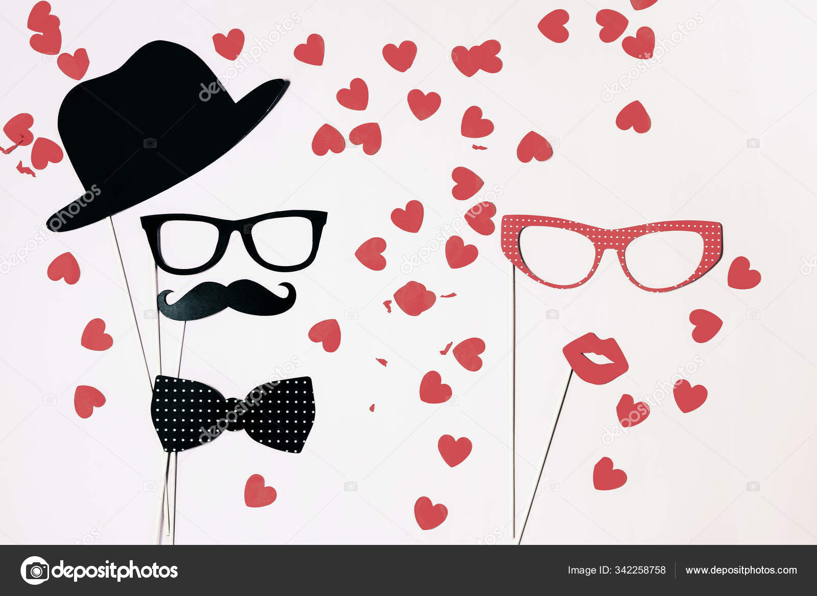 Top view Valentines day background with funny photo booths props Stock ...