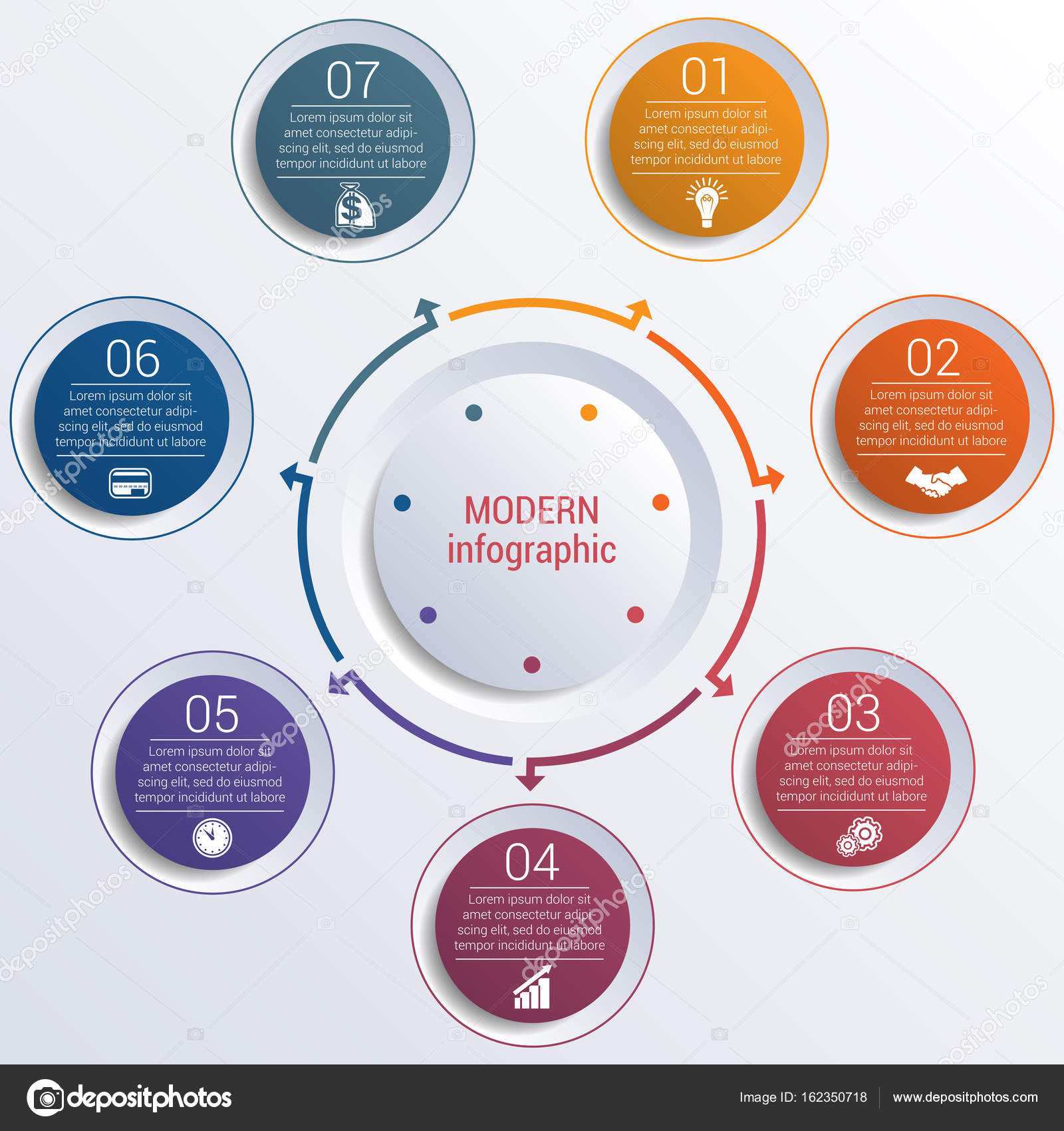 Pattern for infographic 7 positions colorful circles in circle. Stock ...