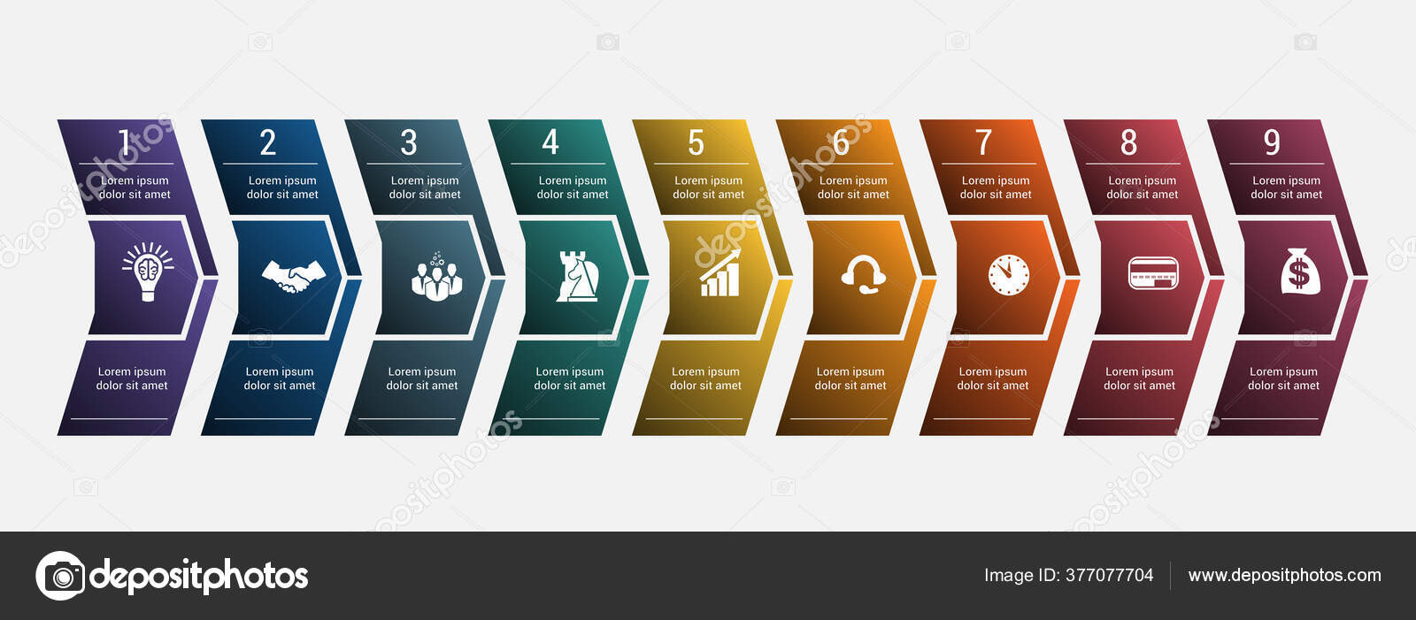 Horizontal Numbered Color Arrows Text Template Infographic Nine ...