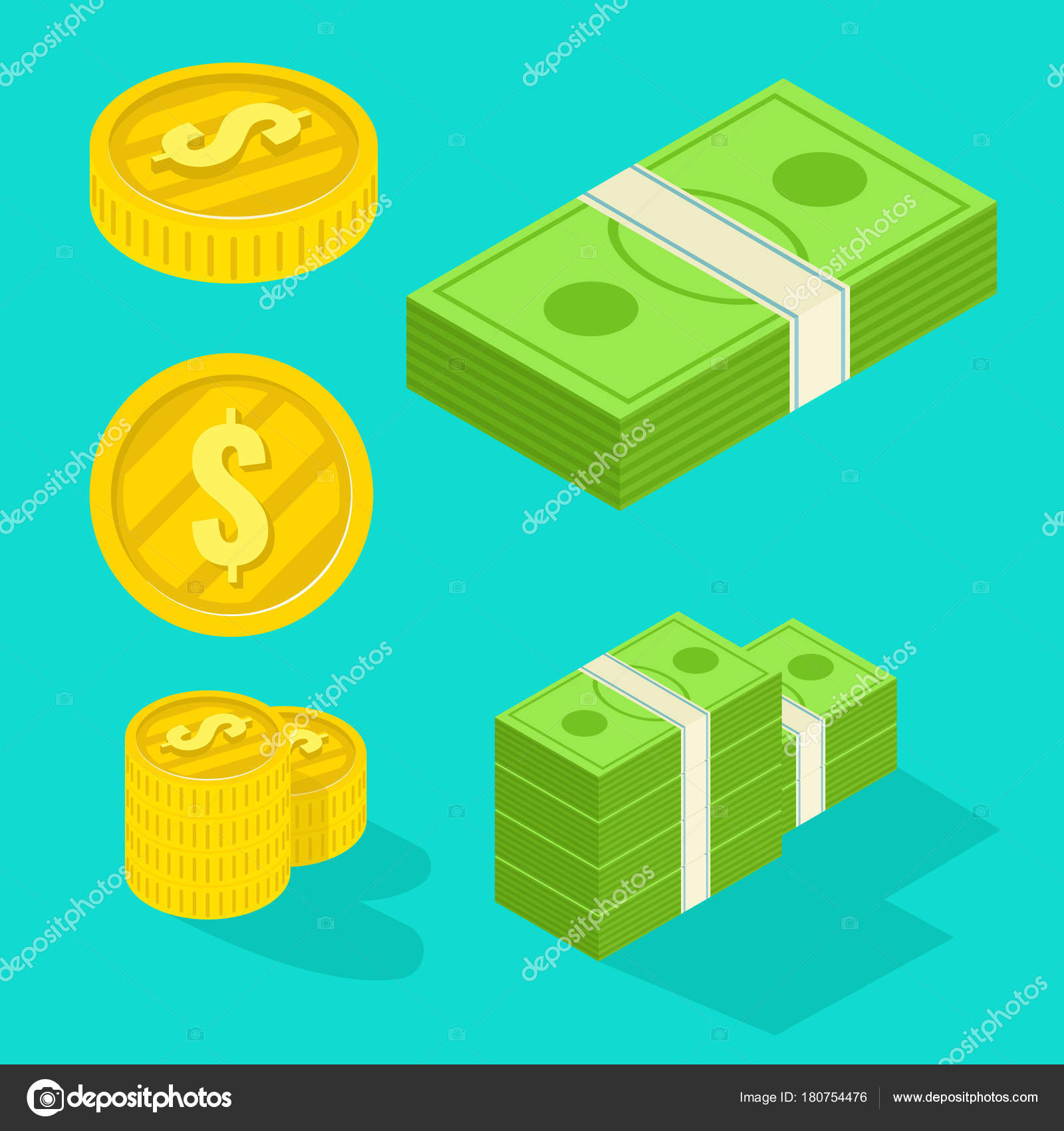 Stack Money Pack Dollars Note Golden Coins Green Background Flat Stock ...