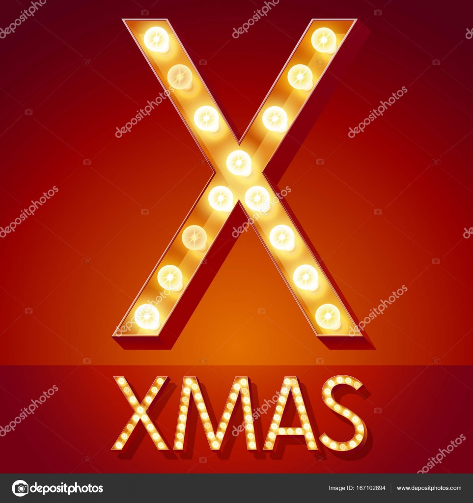 Chic retro vektor menyala font dengan lampu bercahaya. Huruf emas X ...