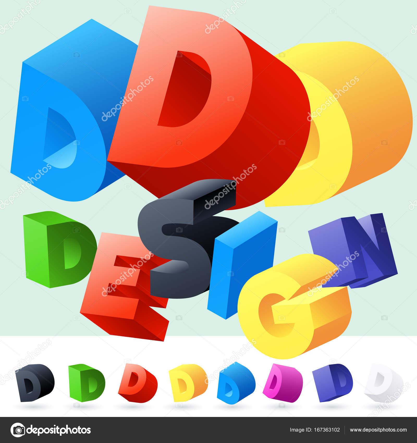 Vector 3D font of randomly rotated colourful letters. Letter D Stock ...