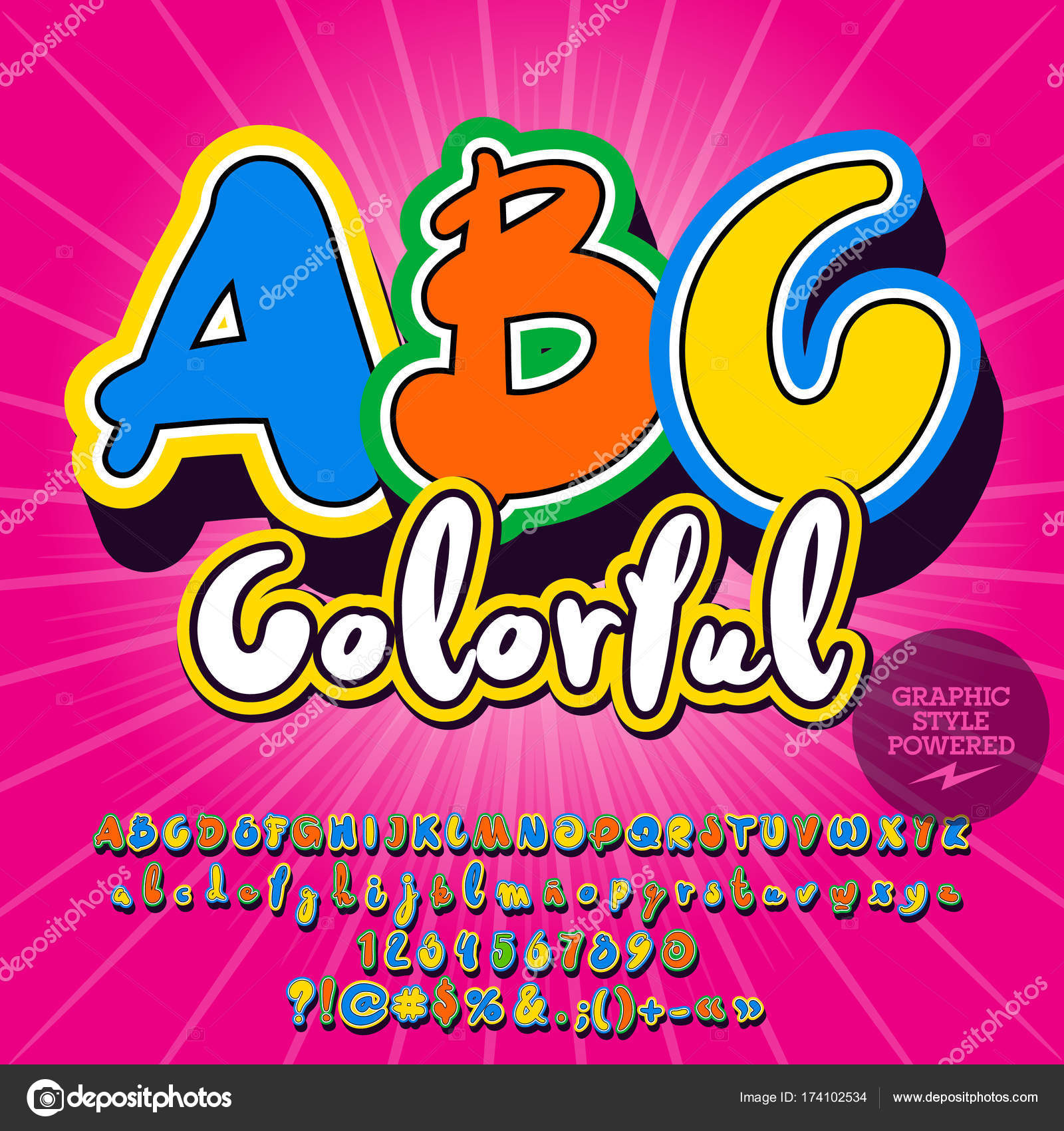 Trendiges Vektoralphabet-Set. Schrift mit Text abc bunt. enthält ...