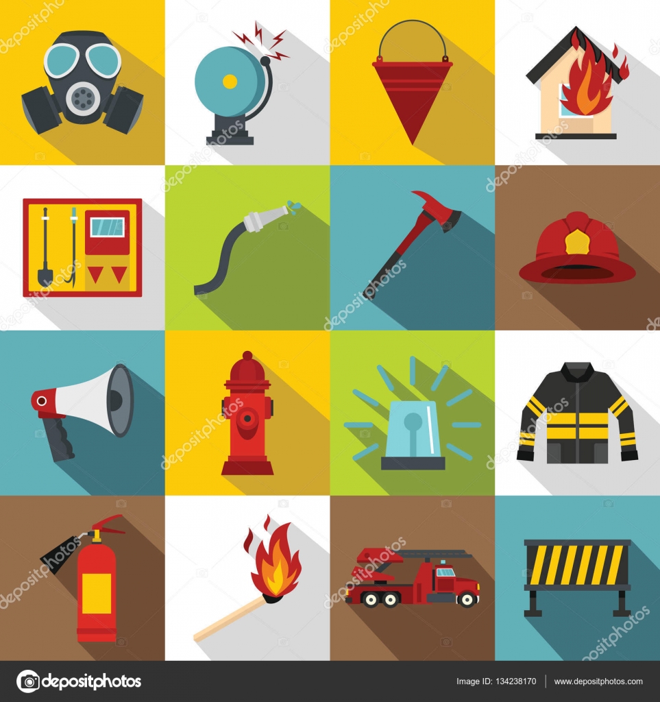 Juego de iconos de herramientas de bombero, estilo plano Vector de ...