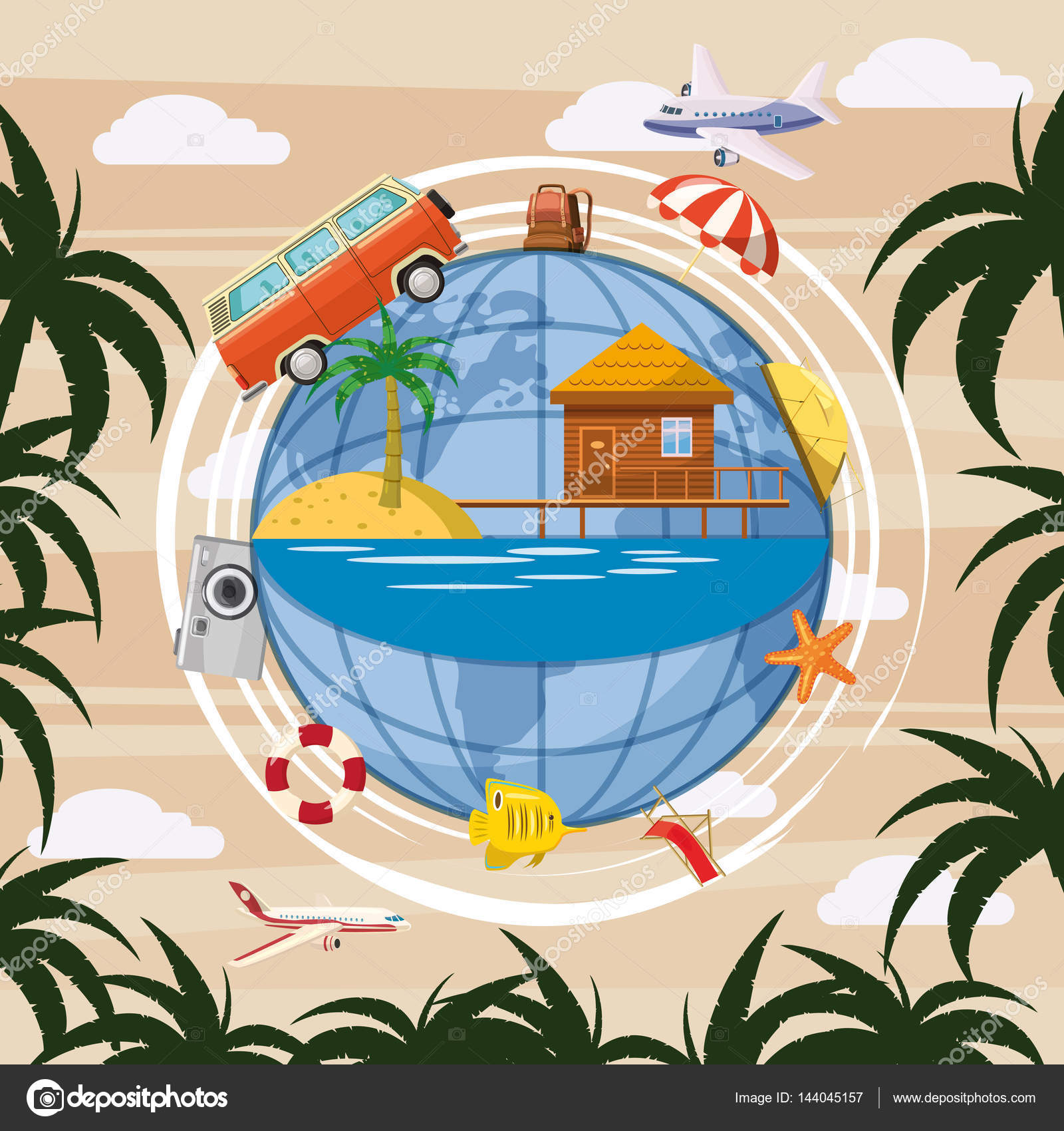 Viajes Concepto De Turismo Globo Estilo De Dibujos Animados Vector De
