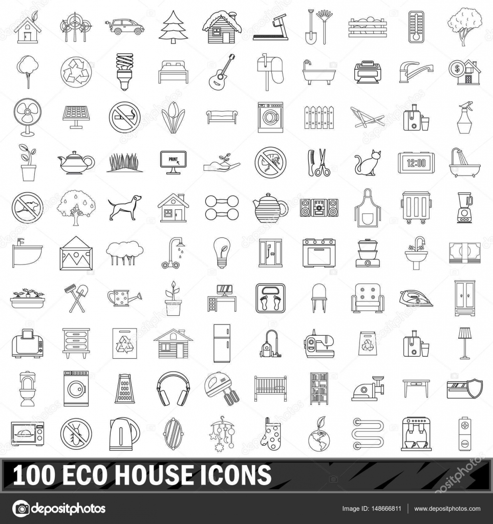 100 eco house icons set, outline style Stock Vector Image by ...