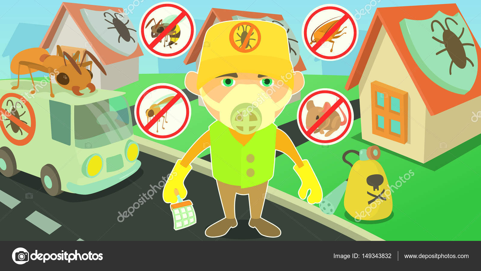 Banner horizontal del control de plagas, estilo de dibujos animados ...