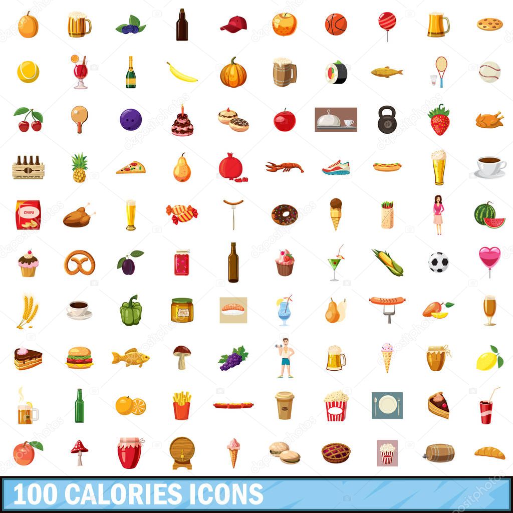 Conjunto de iconos de 100 calorías, estilo de dibujos animados 2023