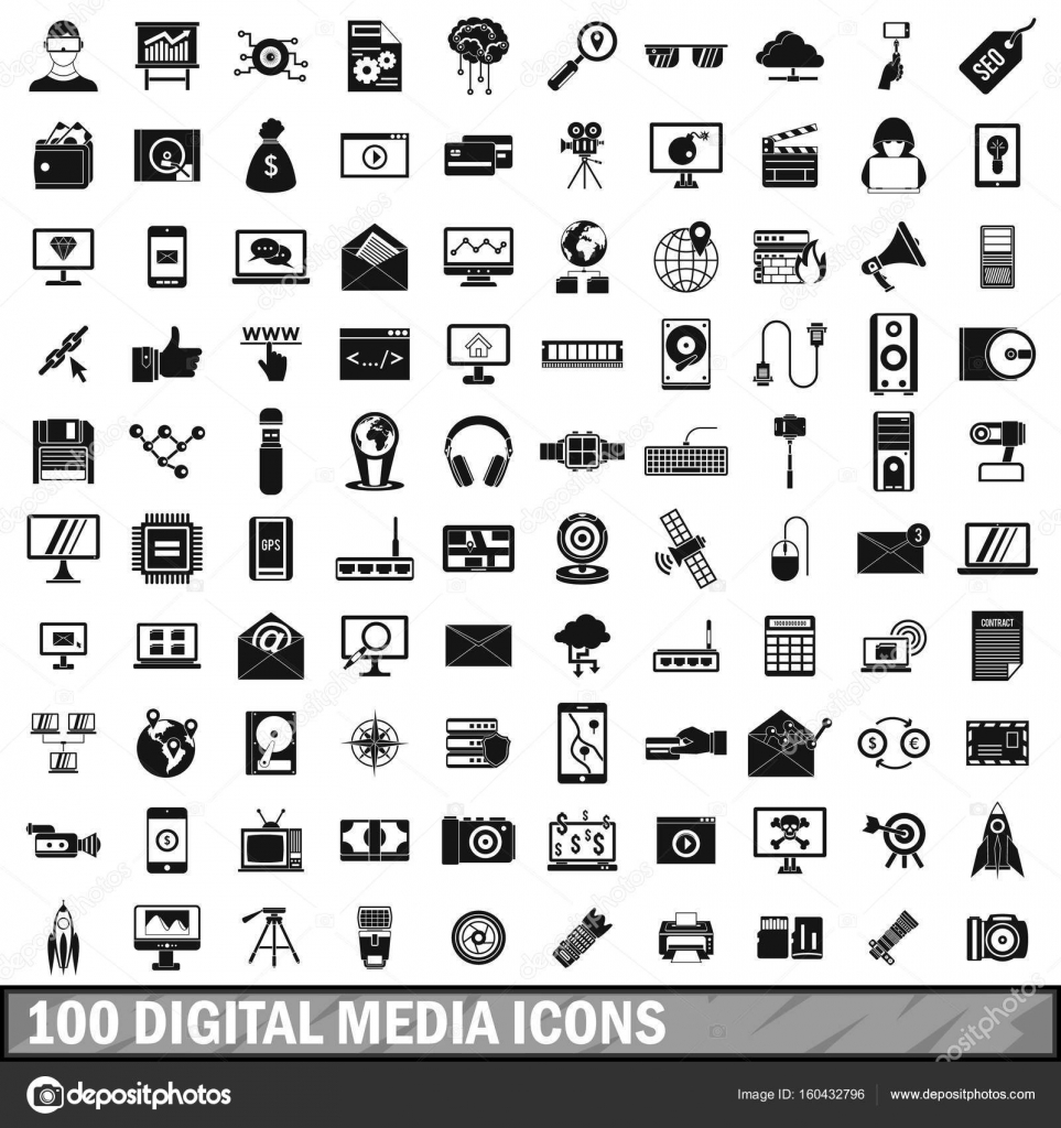 100 digital media icons set, simple style Stock Vector Image by ...