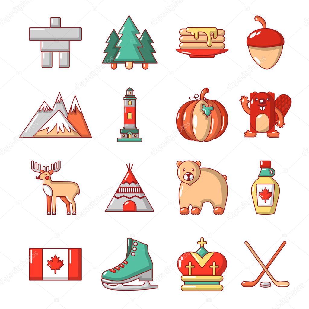 Conjunto de iconos de viaje de Canadá, estilo de dibujos animados 2022