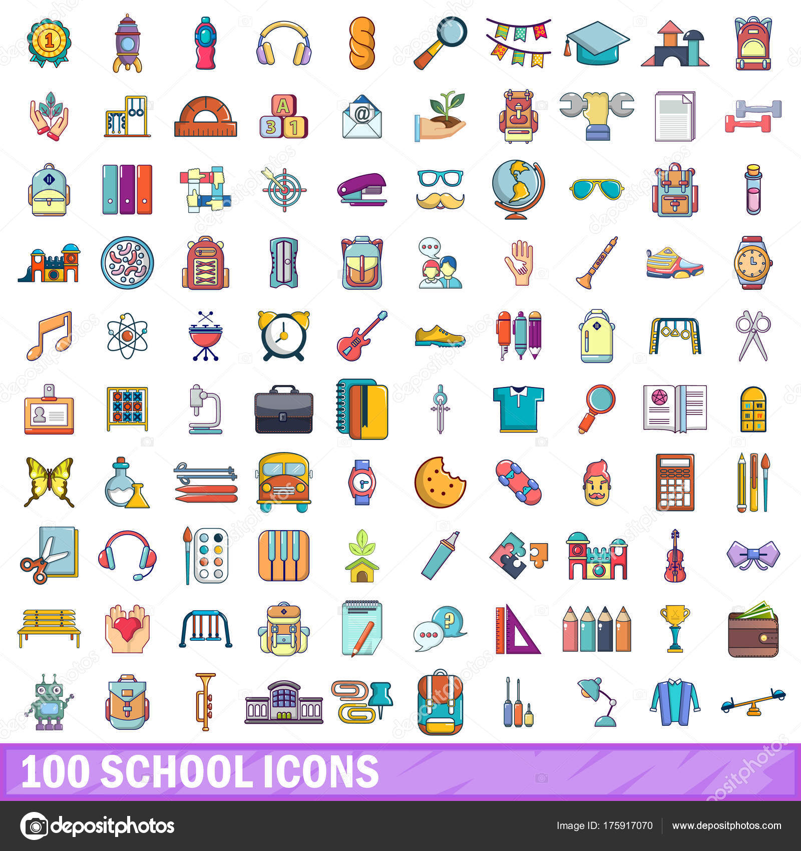 100 conjunto de iconos de la escuela, estilo de dibujos animados Vector ...