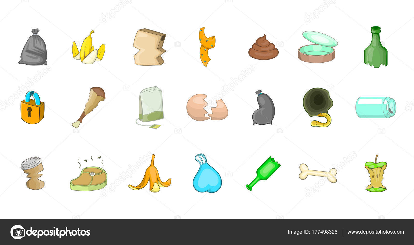 Conjunto de iconos de basura, estilo de dibujos animados Vector de ...