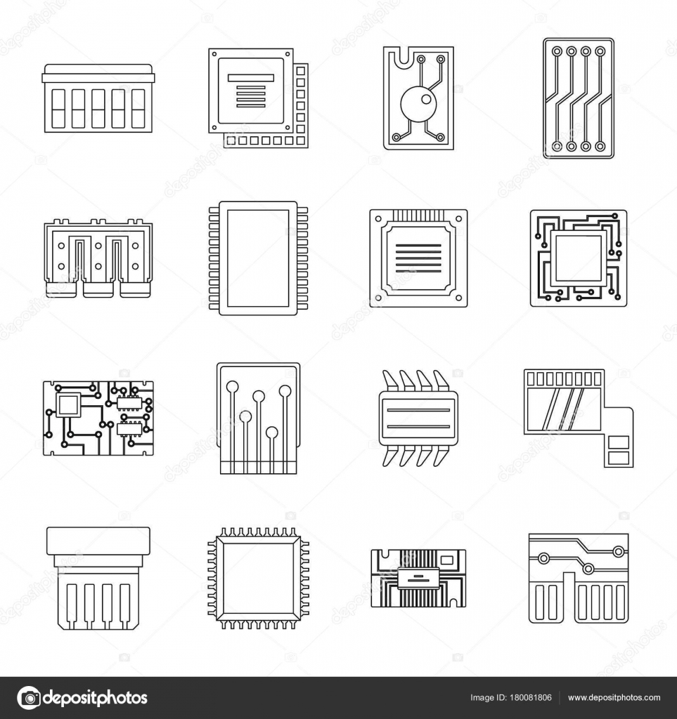 Computer chips icons set, outline style — Stock Vector © ylivdesign ...