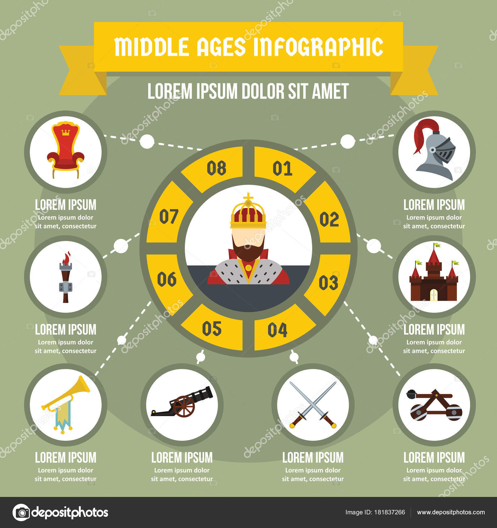 Conceito infográfico da Idade Média, estilo plano imagem vetorial de ...