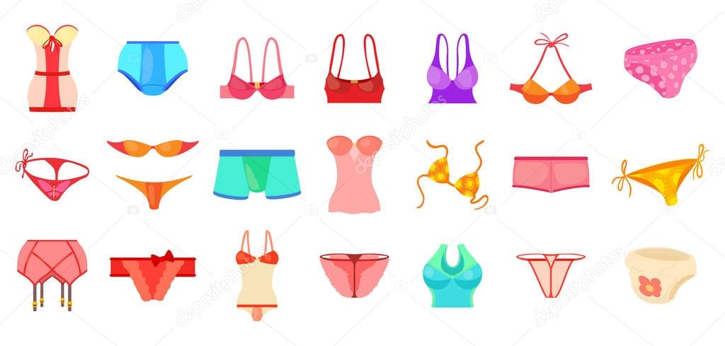 Conjunto de iconos de ropa interior, estilo de dibujos animados 2023