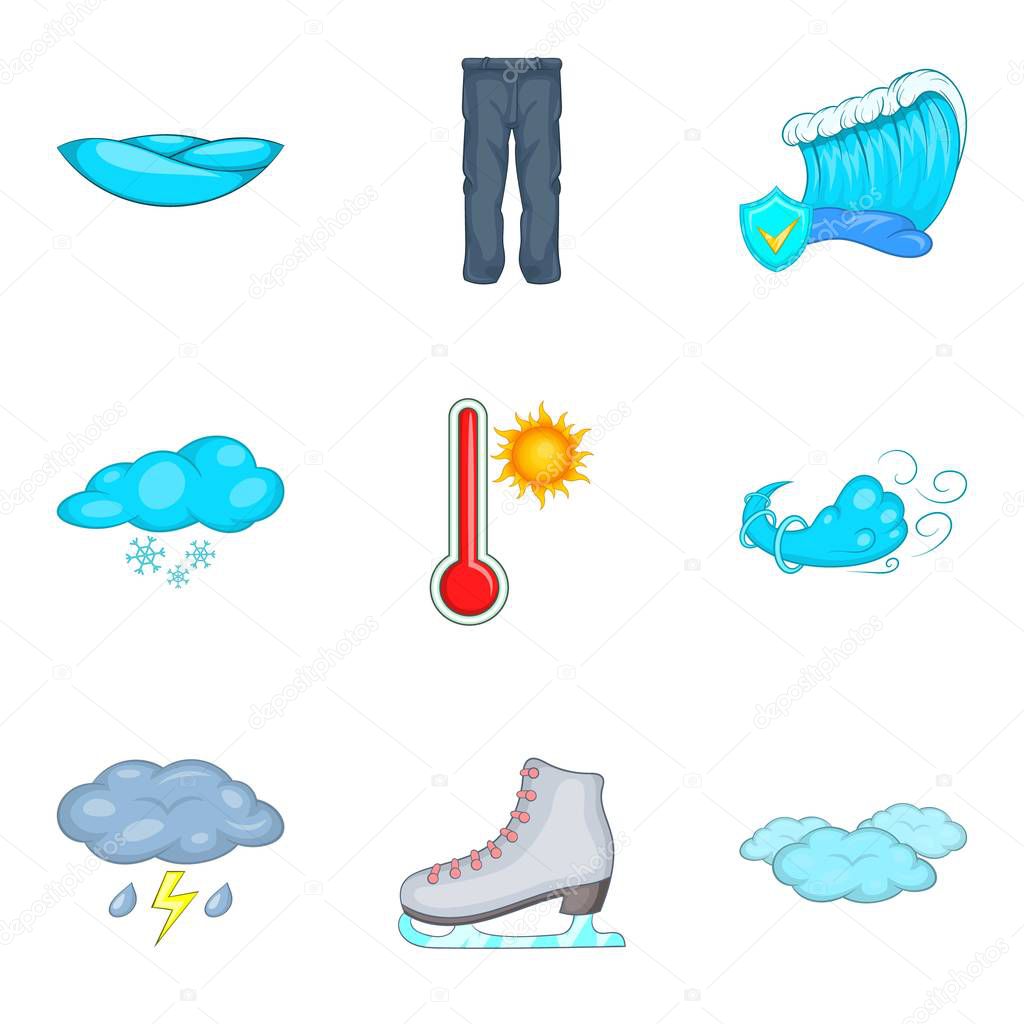 Conjunto de iconos de clima frío, estilo de dibujos animados 2023 Conjunto de iconos de clima frío, estilo de dibujos animados 2023