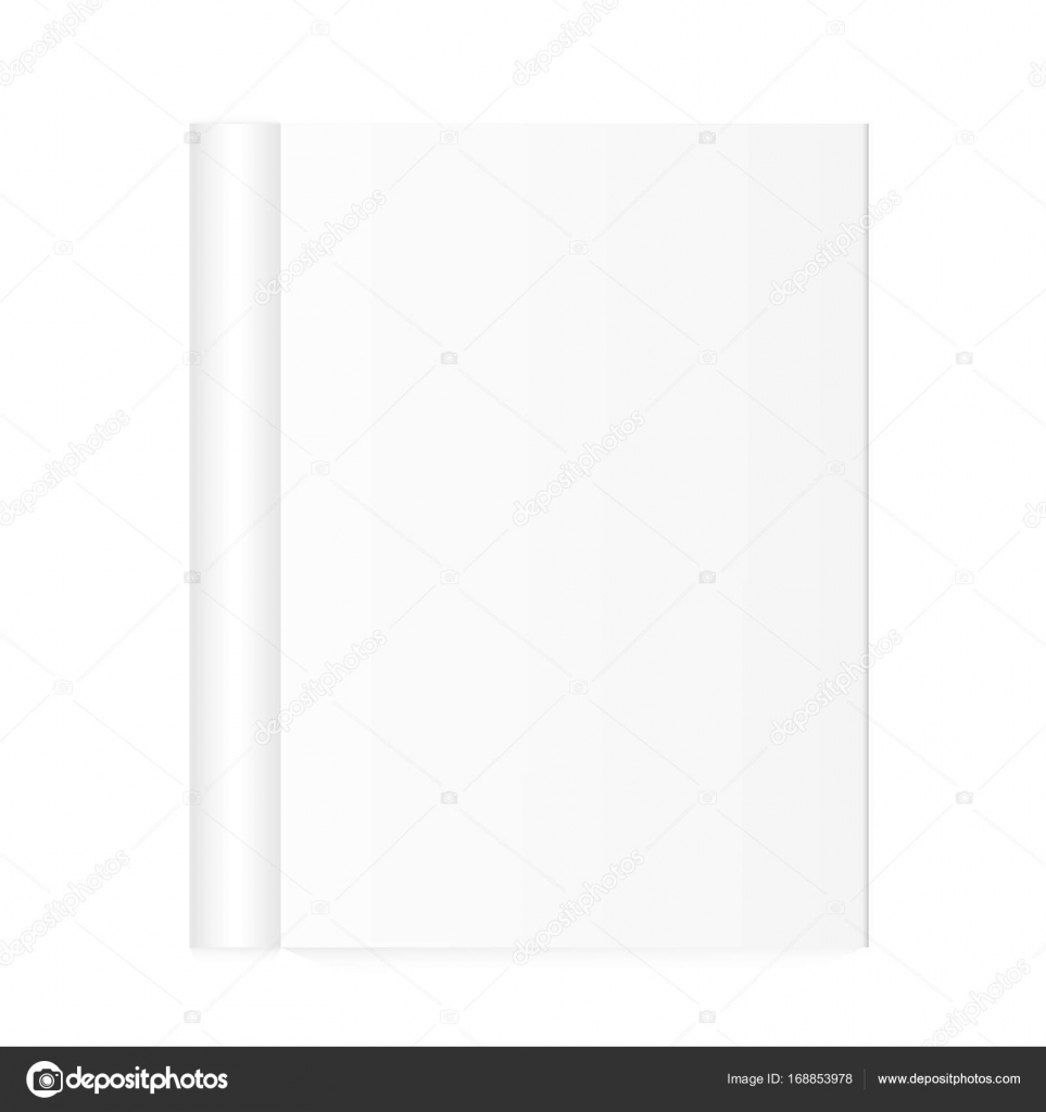 Blank open magazine template with rolled pages on white background ...