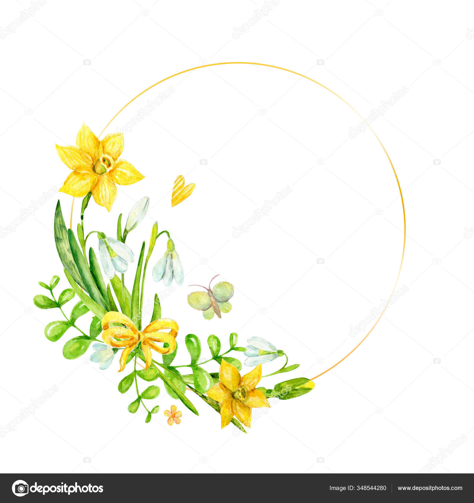 Bright Spring Floral Wreath Watercolor Flowers Background Golden Lines ...