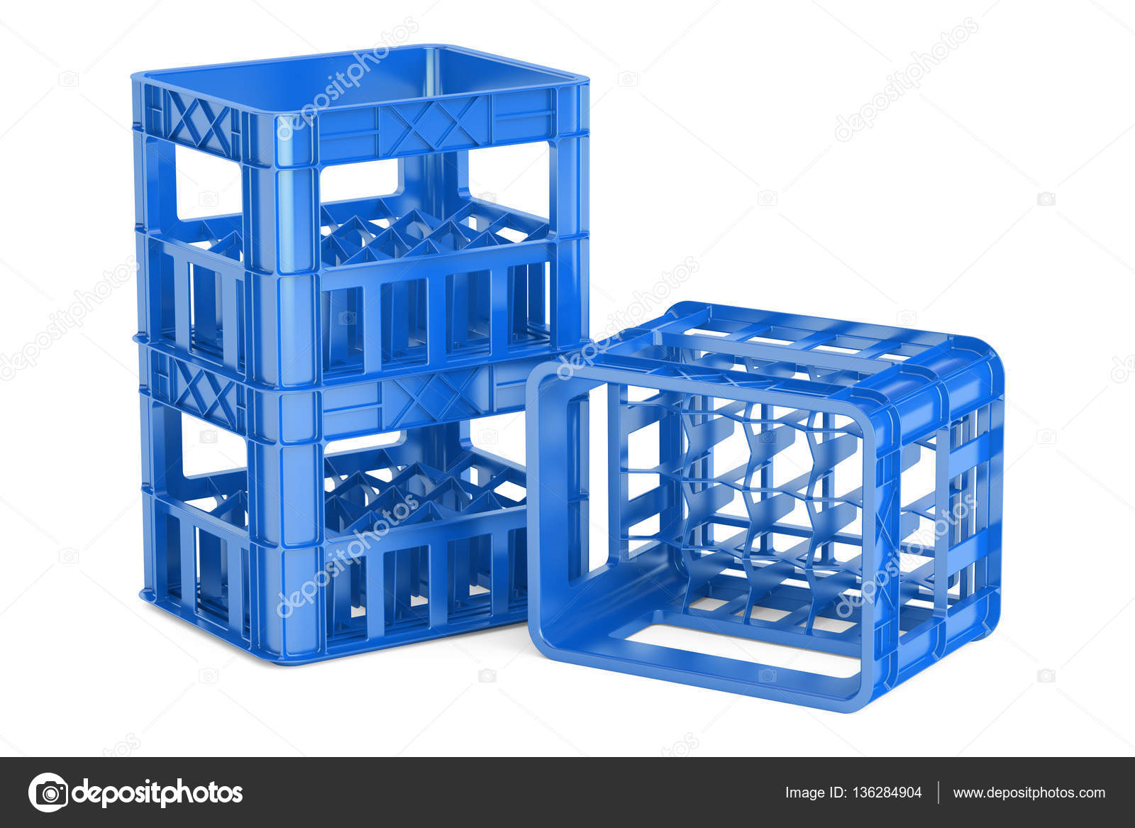 Empty blue plastic storage boxes, crates for bottles. 3D renderi Stock ...