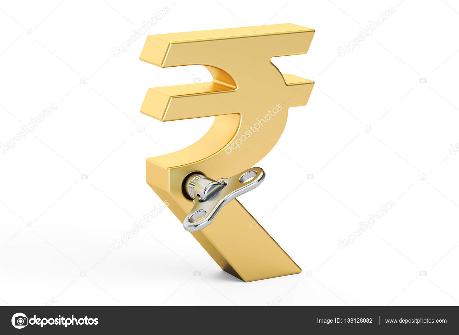 Golden Rupee symbol with wind-up key, 3D rendering — Stock Photo ...