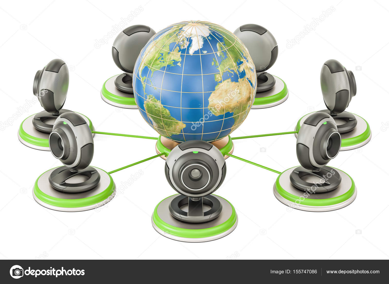 Concepto de comunicación global, globo terráqueo con cámaras web. Rende ...