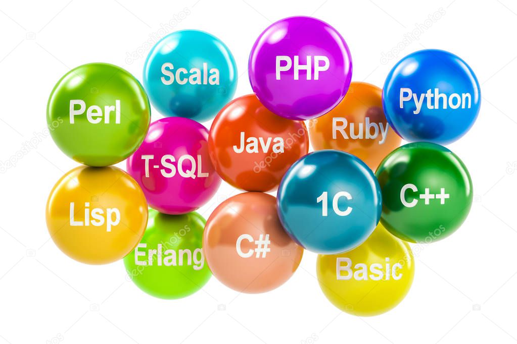 Conjunto de bolas de colores con nombres de lenguajes de programaci n ...