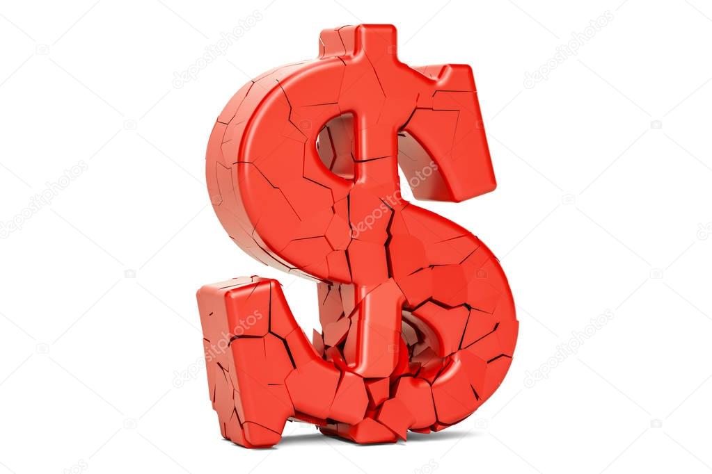 Símbolo de dólar roto, representación 3D 2023