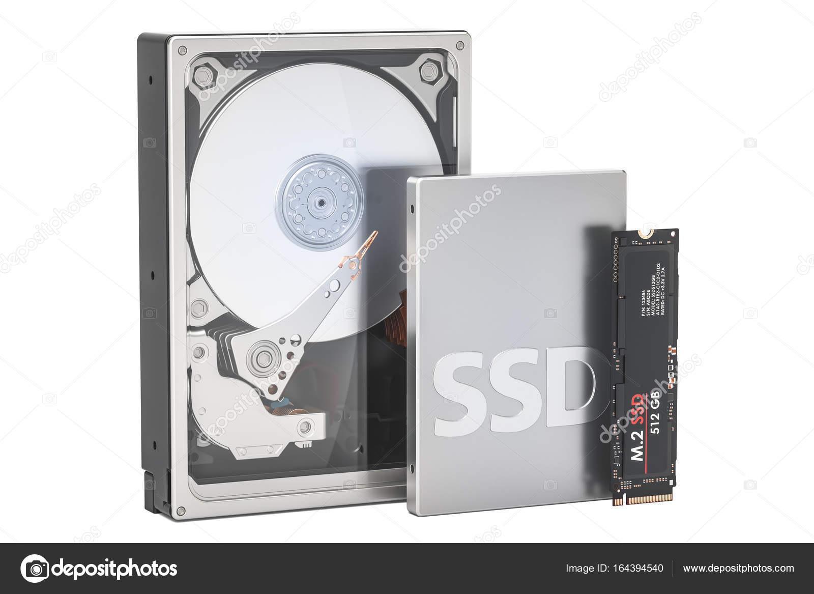 Solid state drive SSD, Hard Disk Drive HDD and M2 SSD, 3D render — Stock Photo © alexlmx #164394540
