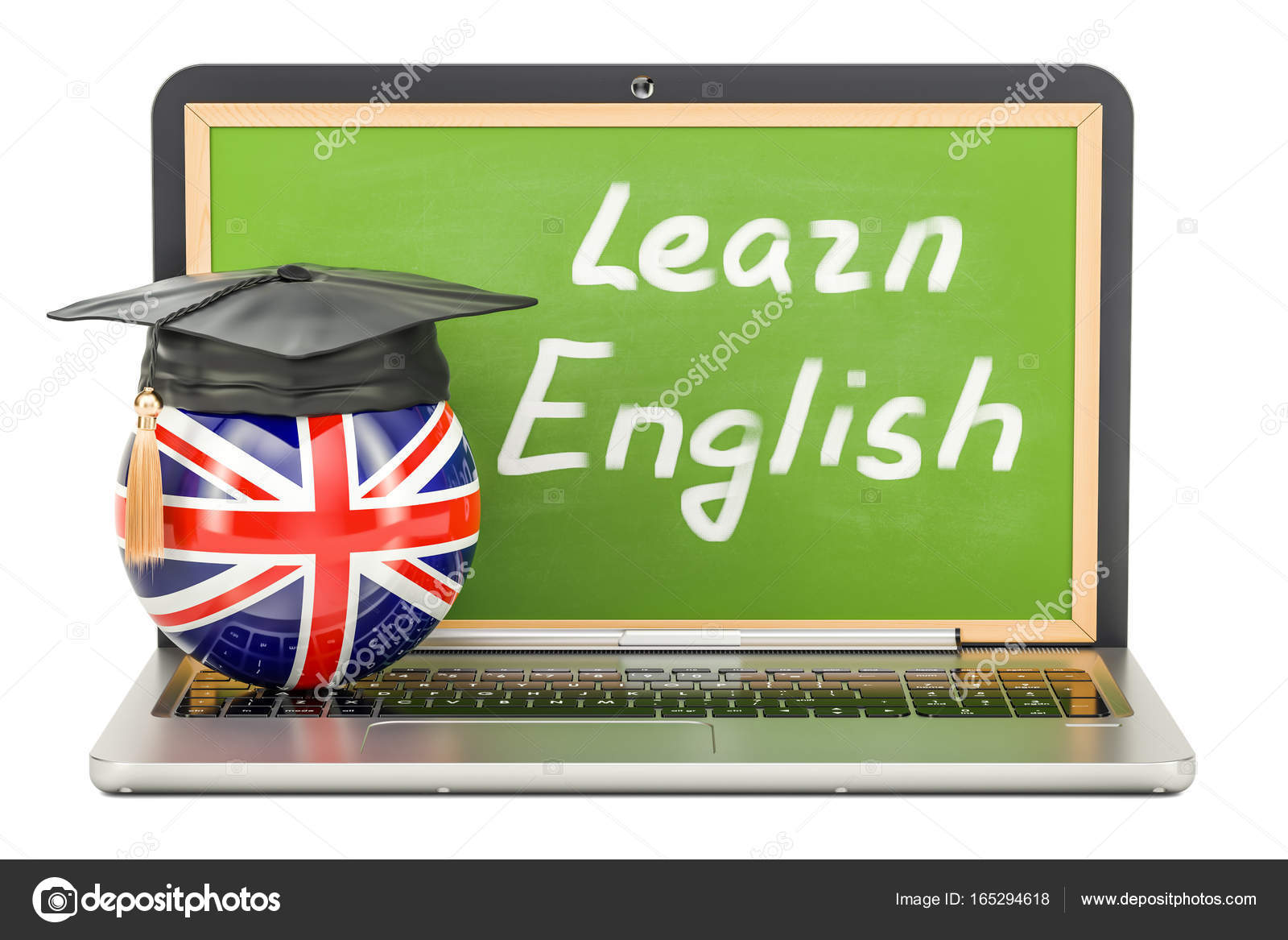 Learn English concept with laptop blackboard and graduation cap ...