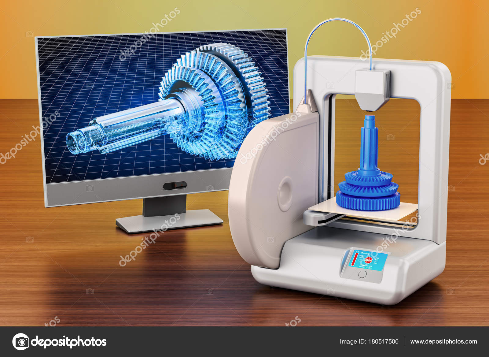 3d printer with computer monitor on the wooden table. 3D renderi ...