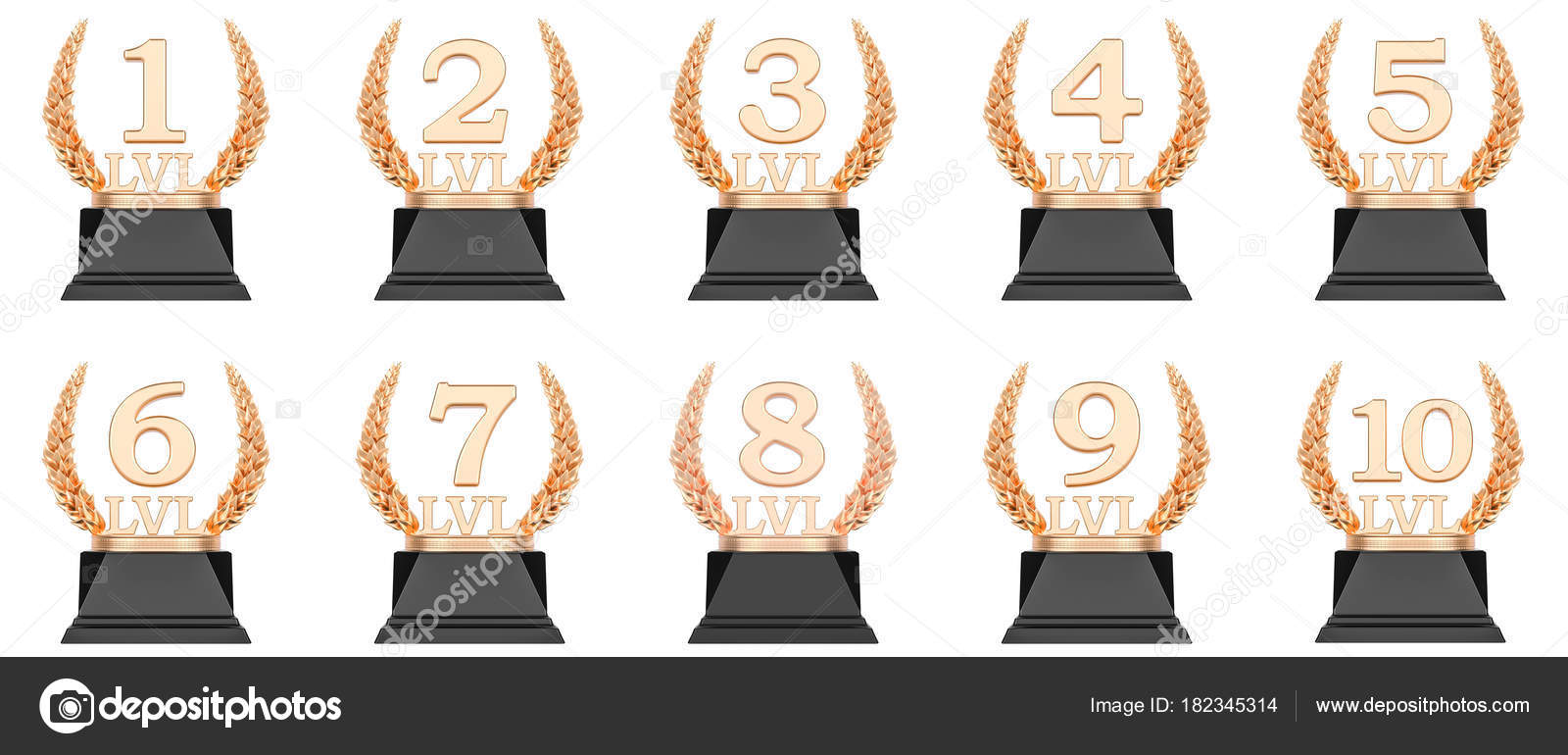 Golden trophy level cups first, second, third, fourth, fifth, si ...