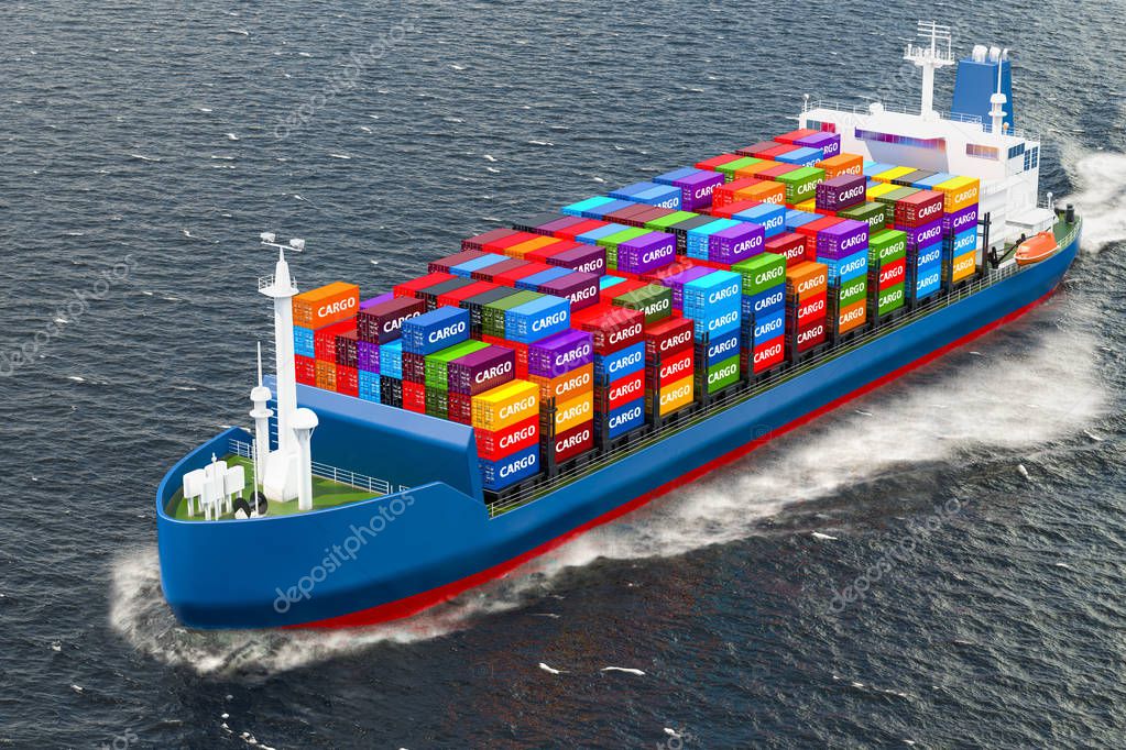 Freighter ship with cargo containers sailing in ocean, 3D render ...