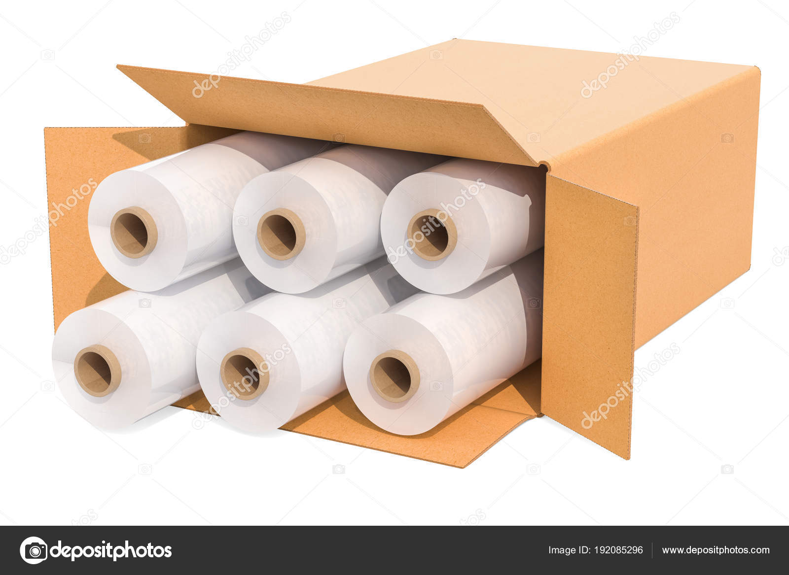 Rolls of wrapping plastic stretch films in cardboard box, 3D ren ...