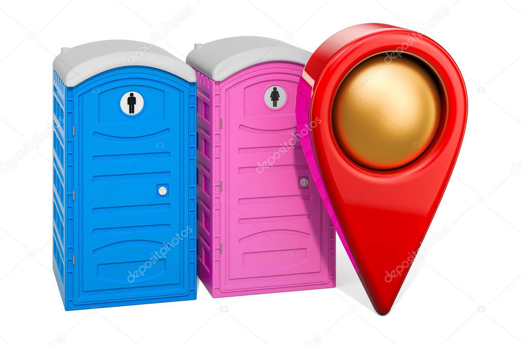 Puntero de mapa con aseos portátiles. Concepto de ubicación WC 2022