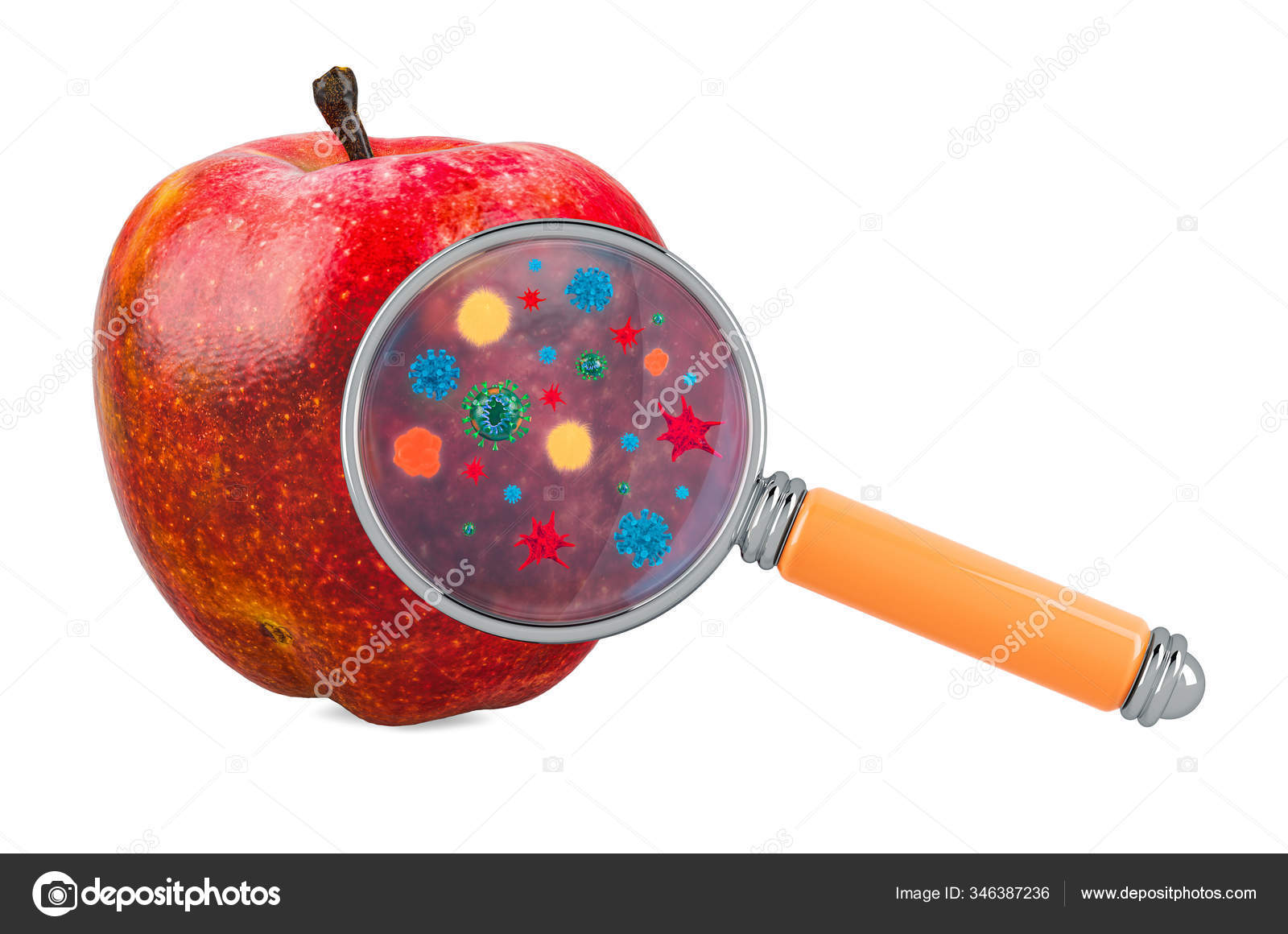 Manzana Con Gérmenes Microbios Virus Bajo Lupa Representación Aislada ...