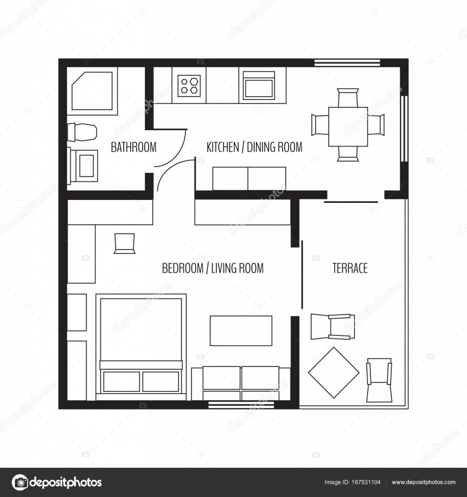 Vector Flat Projection With Furniture 6,107 Plan Furniture Layout