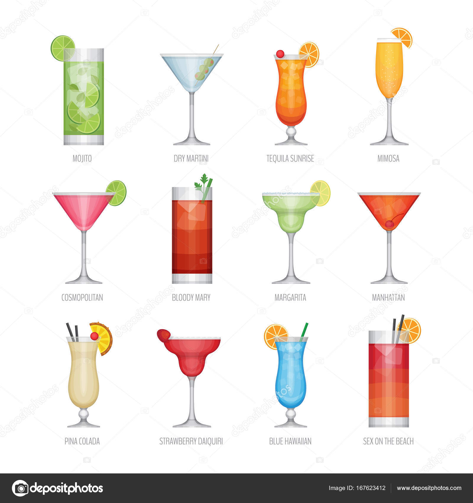 Flat Icons Set Of Popular Alcohol Cocktail Flat Design Style Vector