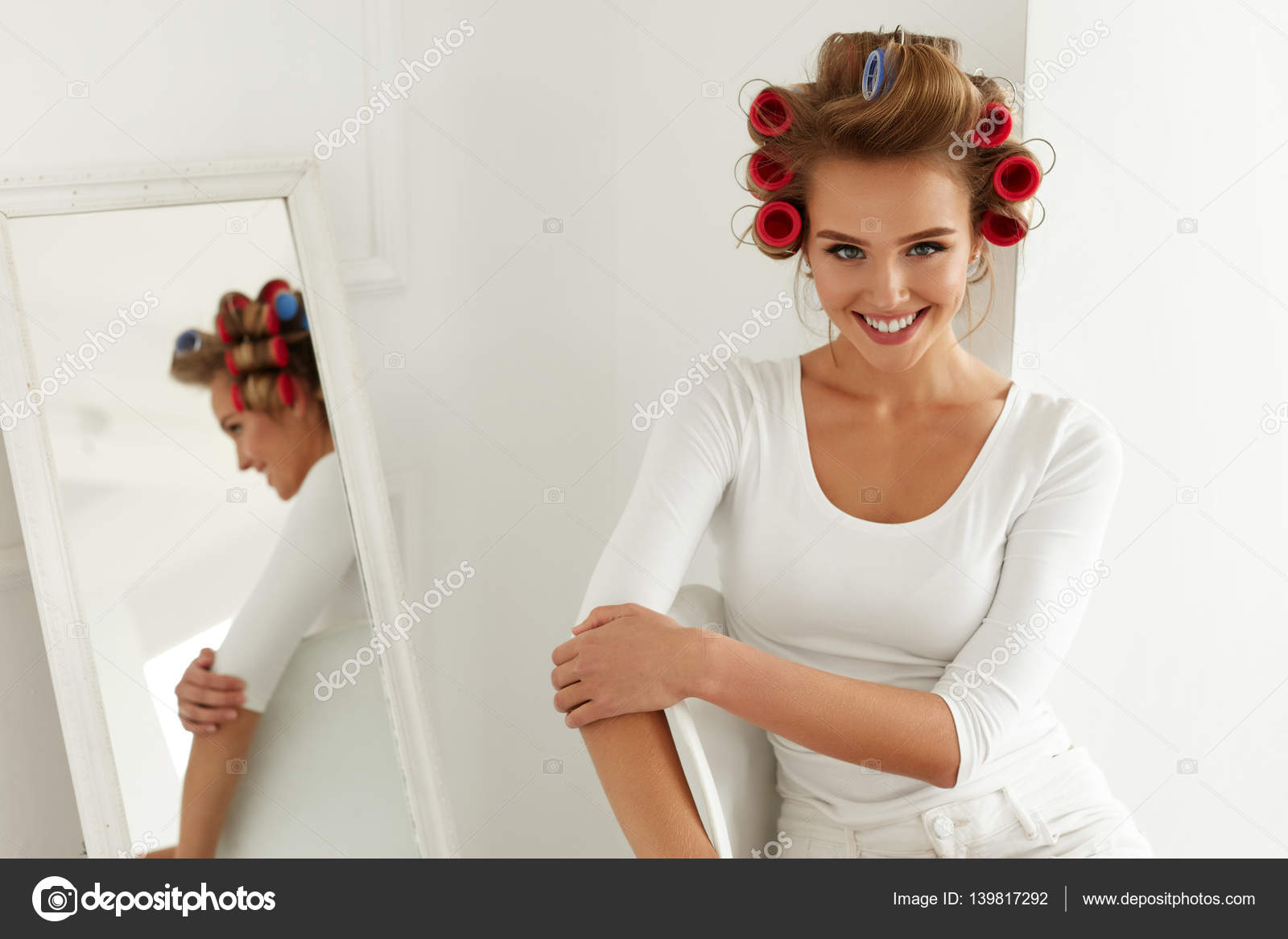 Woman Getting Ready. Beautiful Model With Hair Rollers On Hair — Stock ...