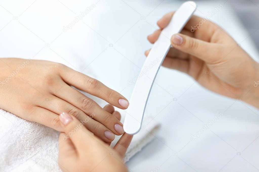 Woman Hands Filing Nails With Nail File, Nail Care Tool — Stock Photo ...