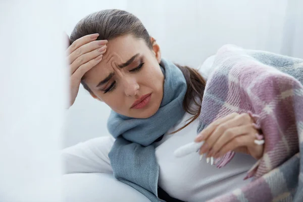 Woman Caught Cold, Having Fever And Measuring Temperature - Stock Image ...