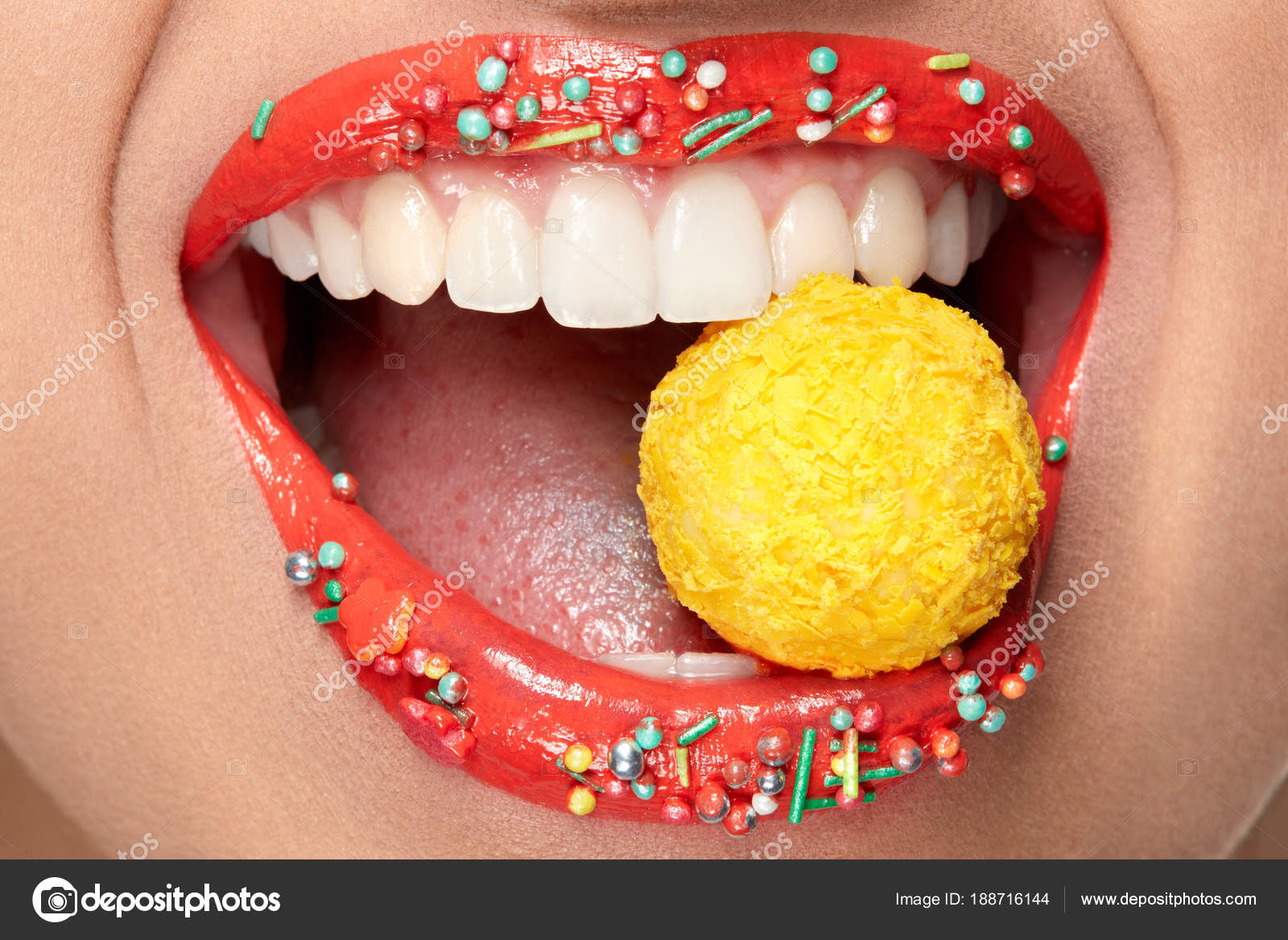 Lips Makeup. Lips With Colored Lipstick And Sweets. — Stock Photo ...