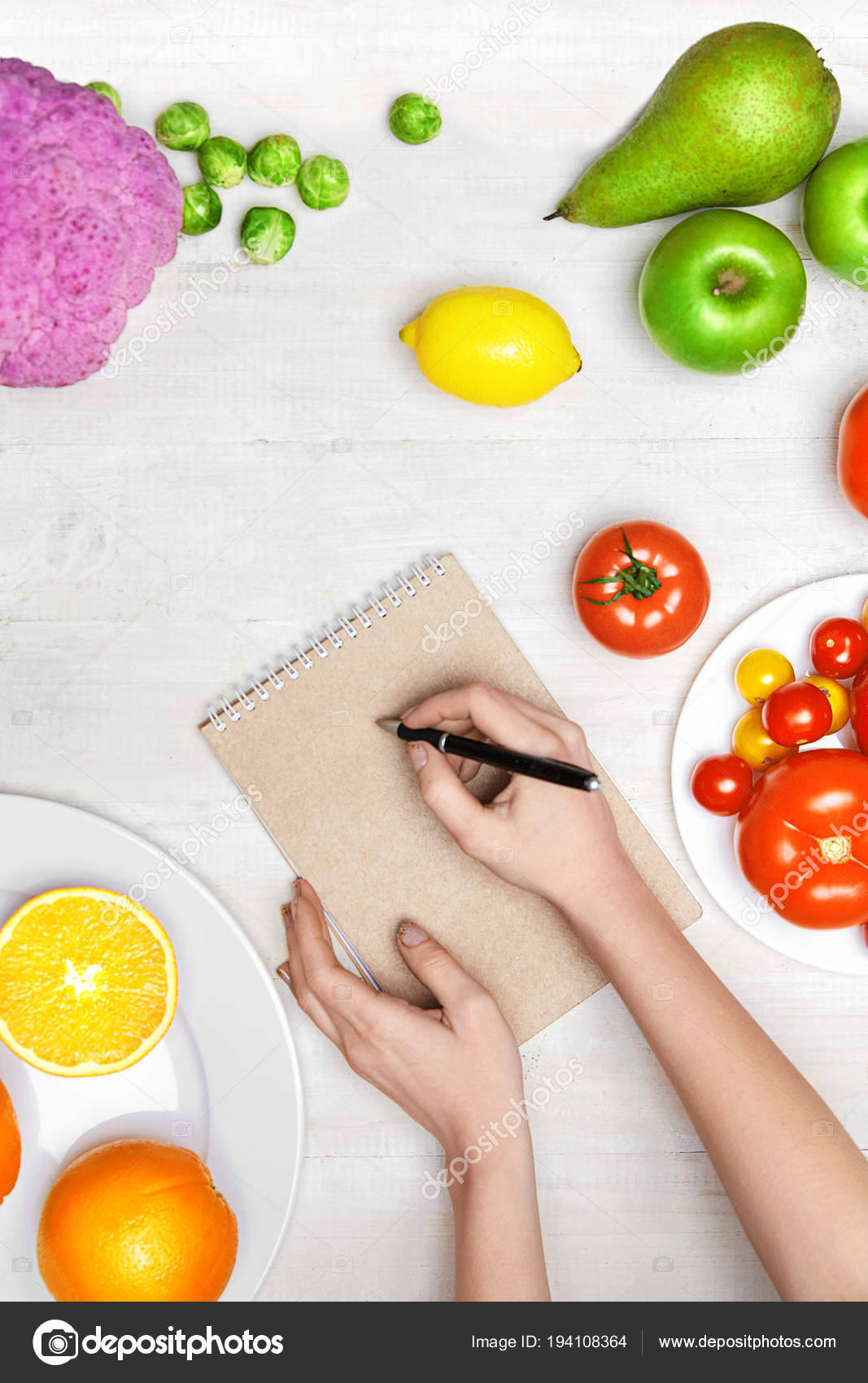 Nutrition Diet Food. Woman Writing Product Plan On Paper — Stock Photo ...