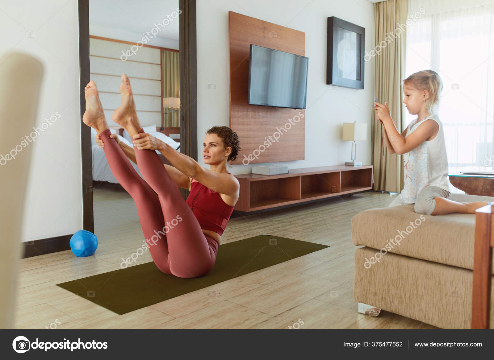 Home Workout Social Isolation Sport Routine Mother Doing Exercise ...