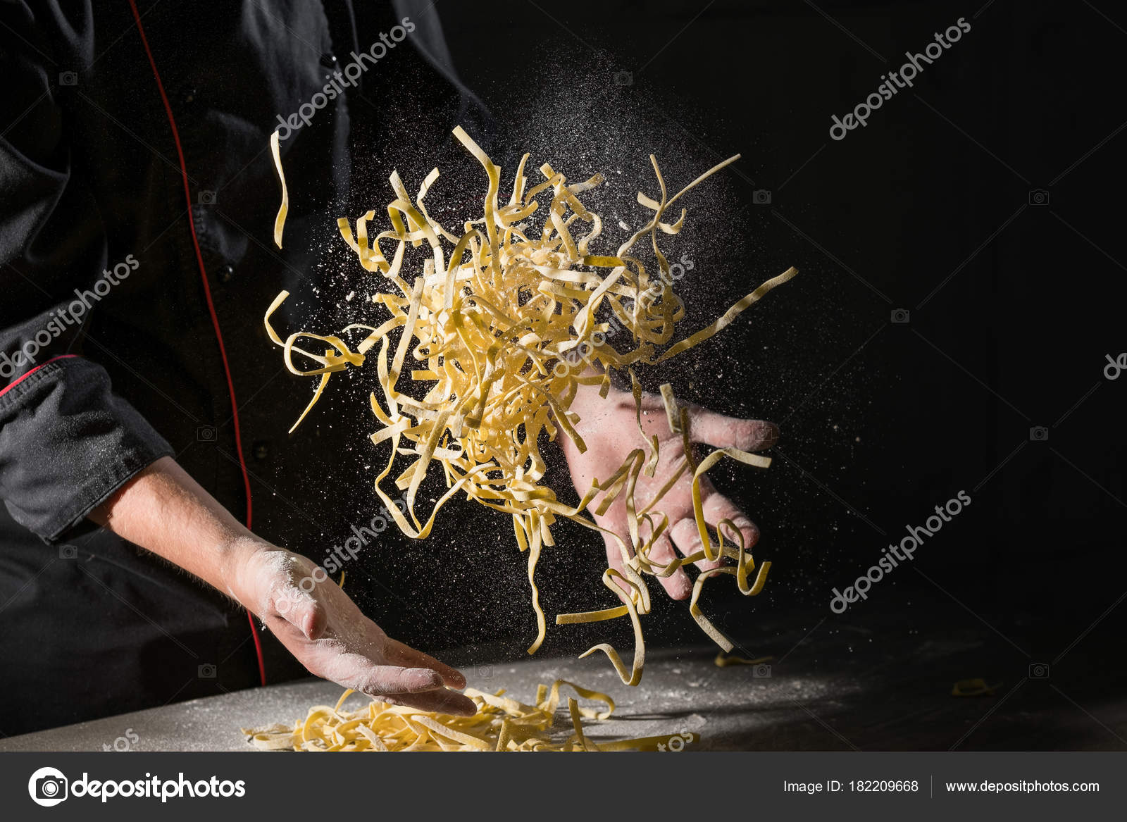 Hands Chef Cooking Pasta Spaghetti Powdering Flour Dark Black ...