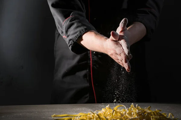 Hands Chef Cooking Pasta Spaghetti Powdering Flour Dark Black ...