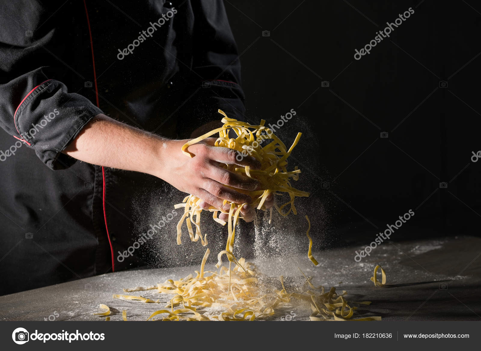 Hands Chef Cooking Pasta Spaghetti Powdering Flour Dark Black ...