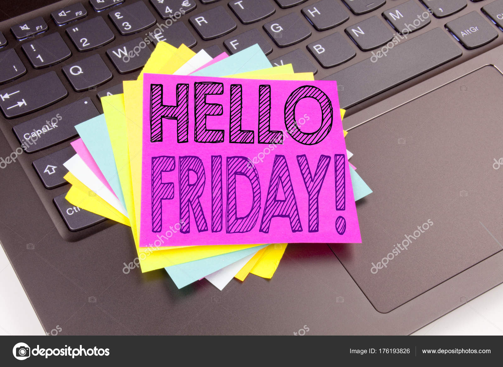 Writing Friday text made in the office close-up on laptop computer ...