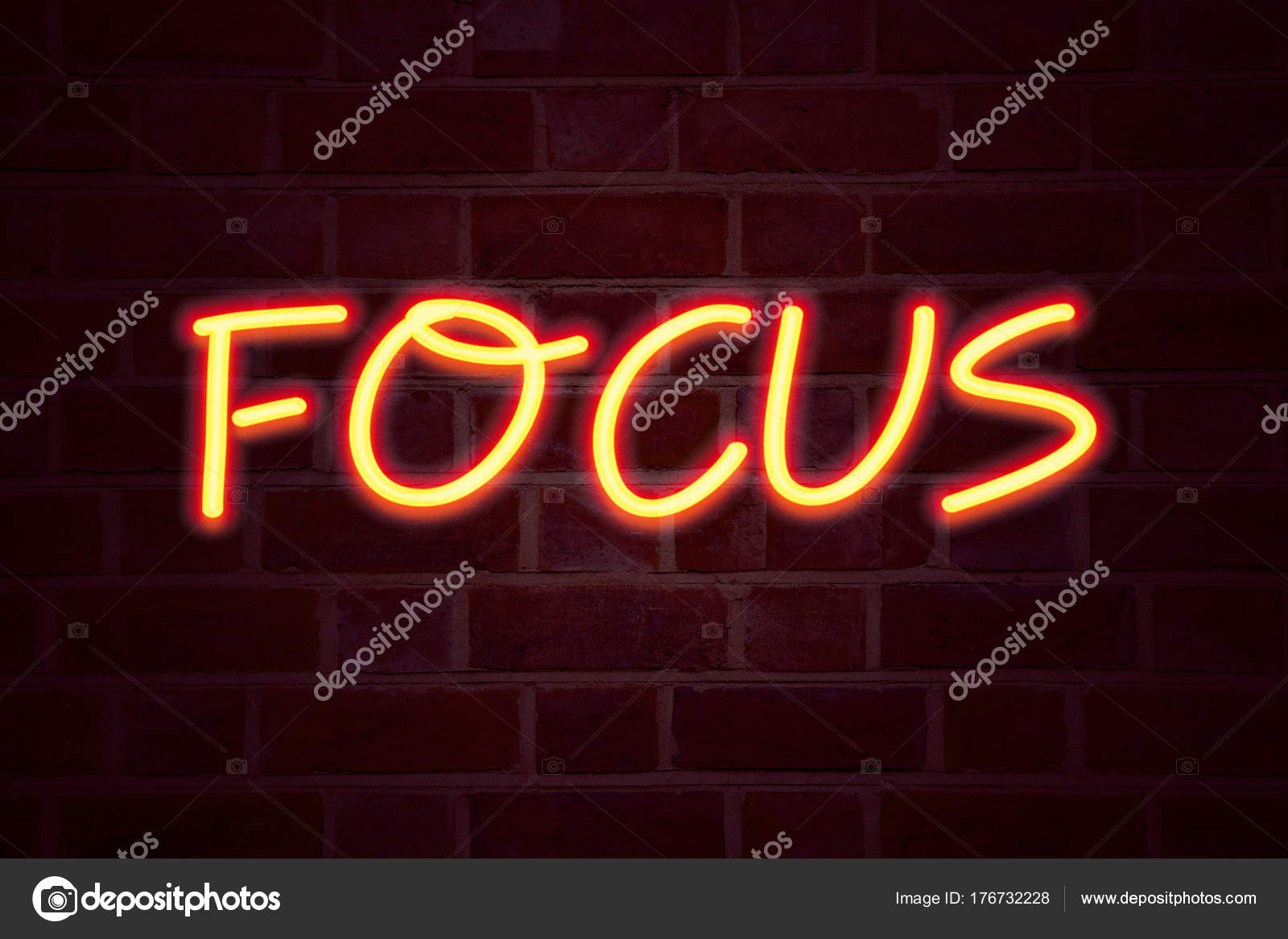 Focus neon sign on brick wall background. Fluorescent Neon tube Sign on ...