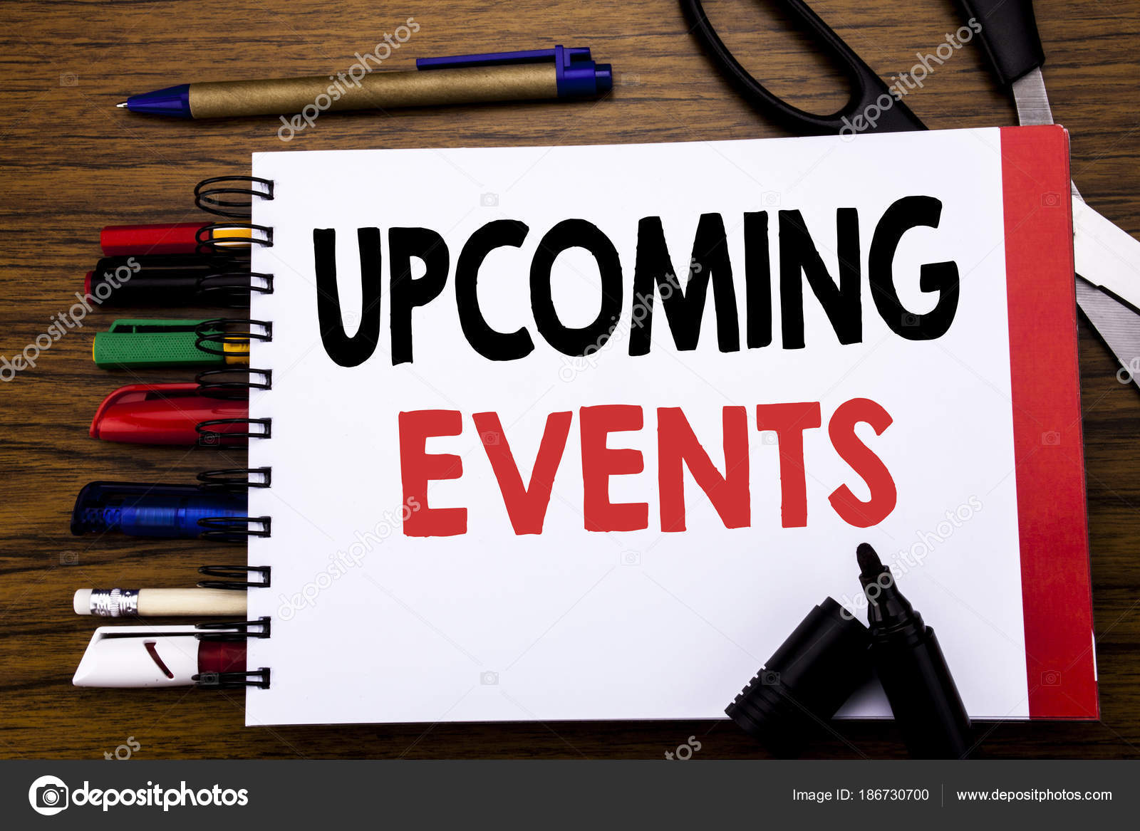 Handwritten text showing Upcoming Events. Business concept for ...